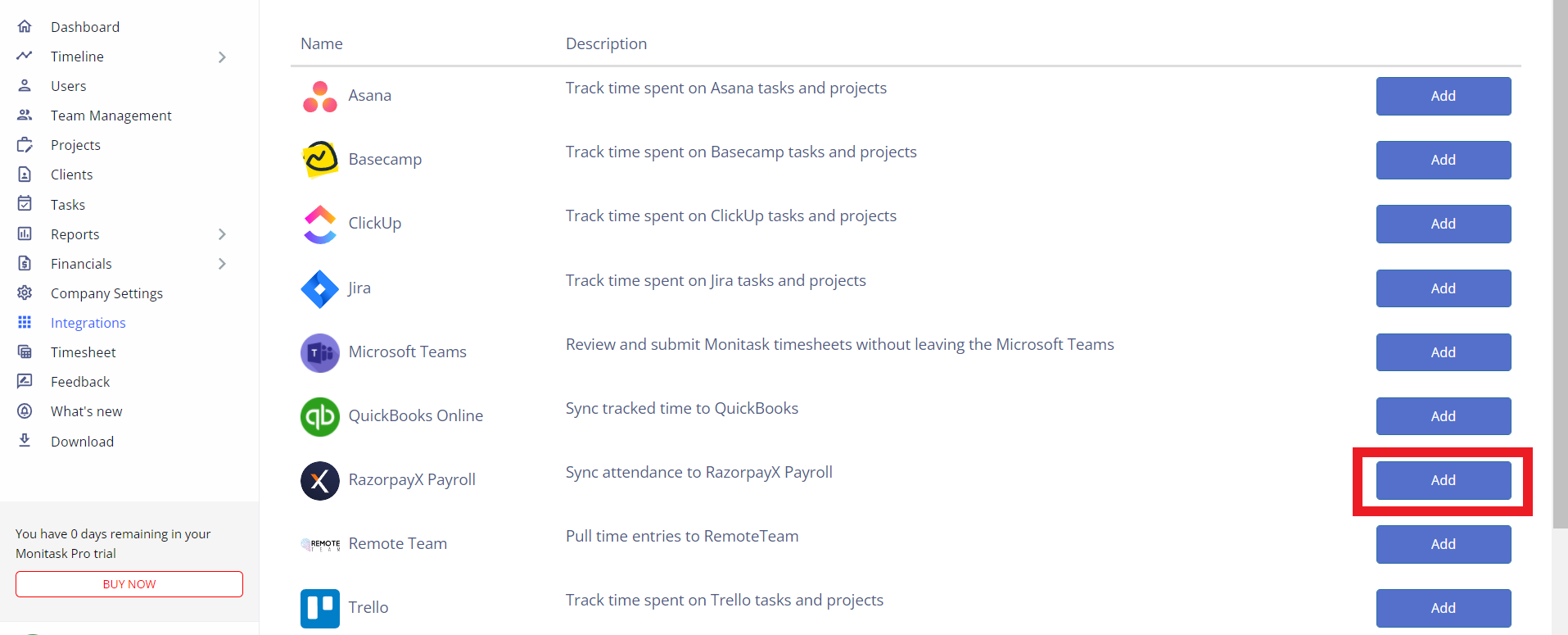 Monitask | RazorPayX integration with Monitask